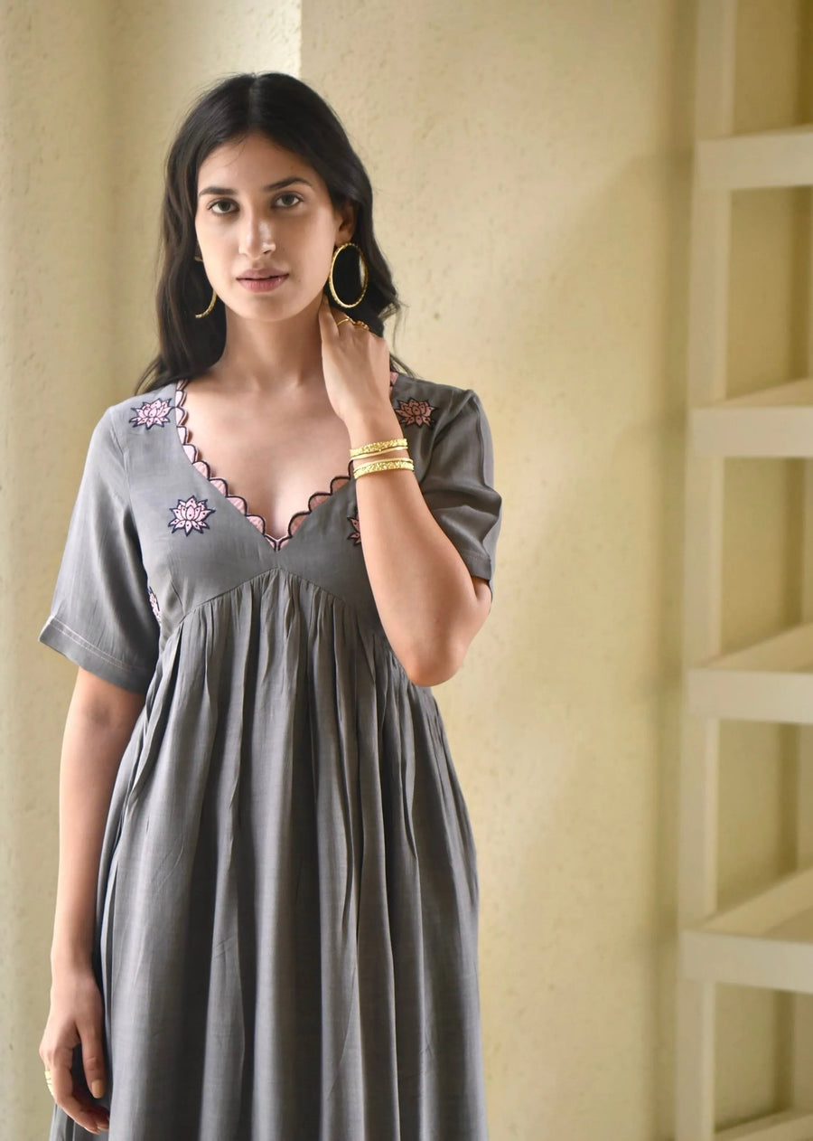 Buy Grey Silk Dress - Ashed Lily Dress In Banglori Silk by Taro India ...