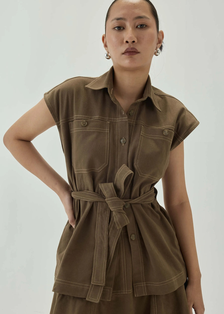 Buy Olive Cotton Blazer and Jacket - Shacket With Belt And Top Stitch ...